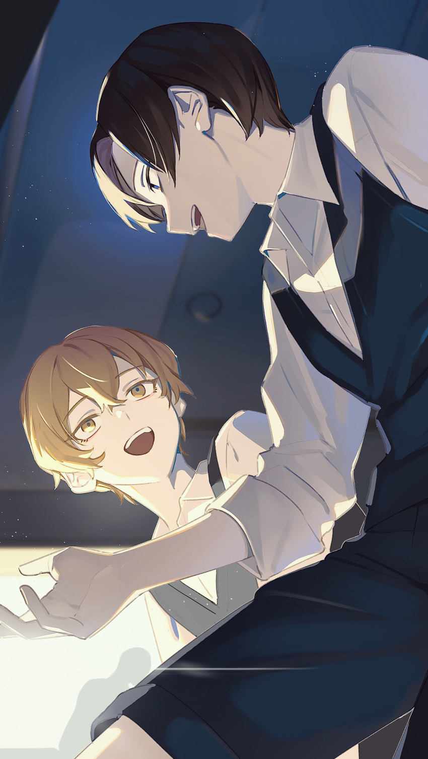 Safebooru - 2boys :d absurdres black shorts black sweater vest blonde hair blue eyes brown hair ...