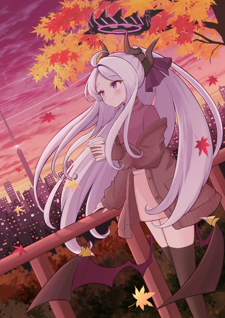 Safebooru - 1girl absurdres alternate costume alternate hairstyle autumn leaves black cardigan ...