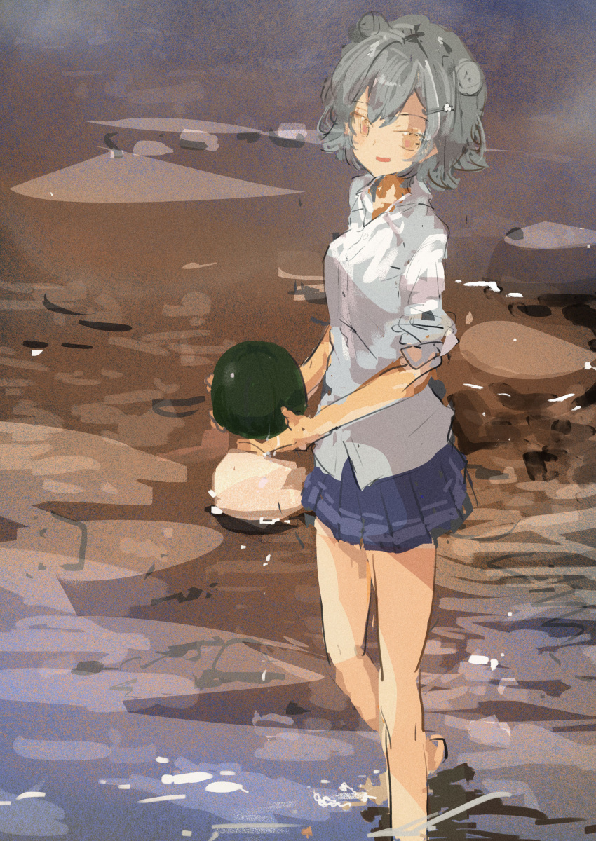 Safebooru - 1girl absurdres barefoot blue skirt breasts cevio commentary request day double bun ...