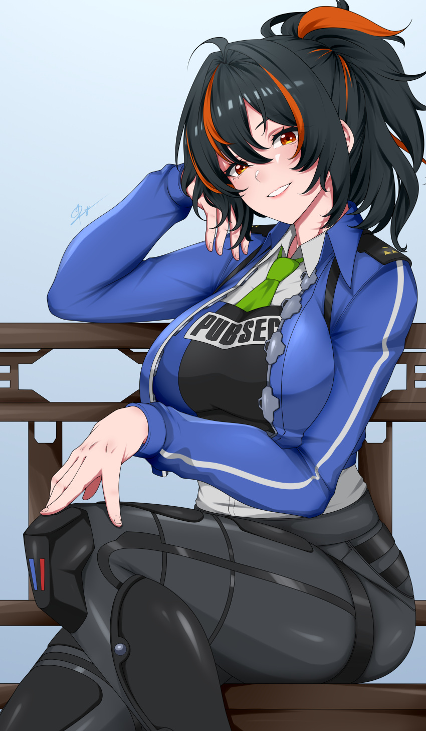 Safebooru - 1girl absurdres arm support black hair black pants blue jacket breasts clenched ...