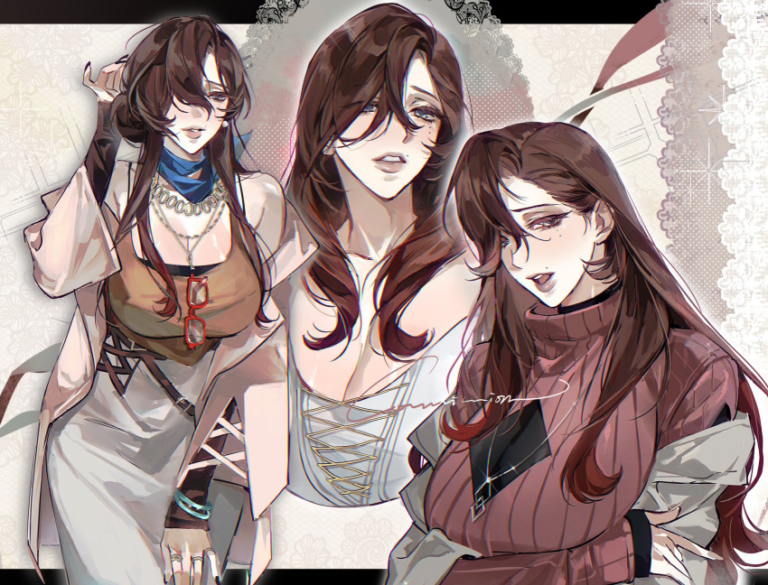 Safebooru - 1girl black nails breasts brown hair brown sweater copyright request dress eyewear ...