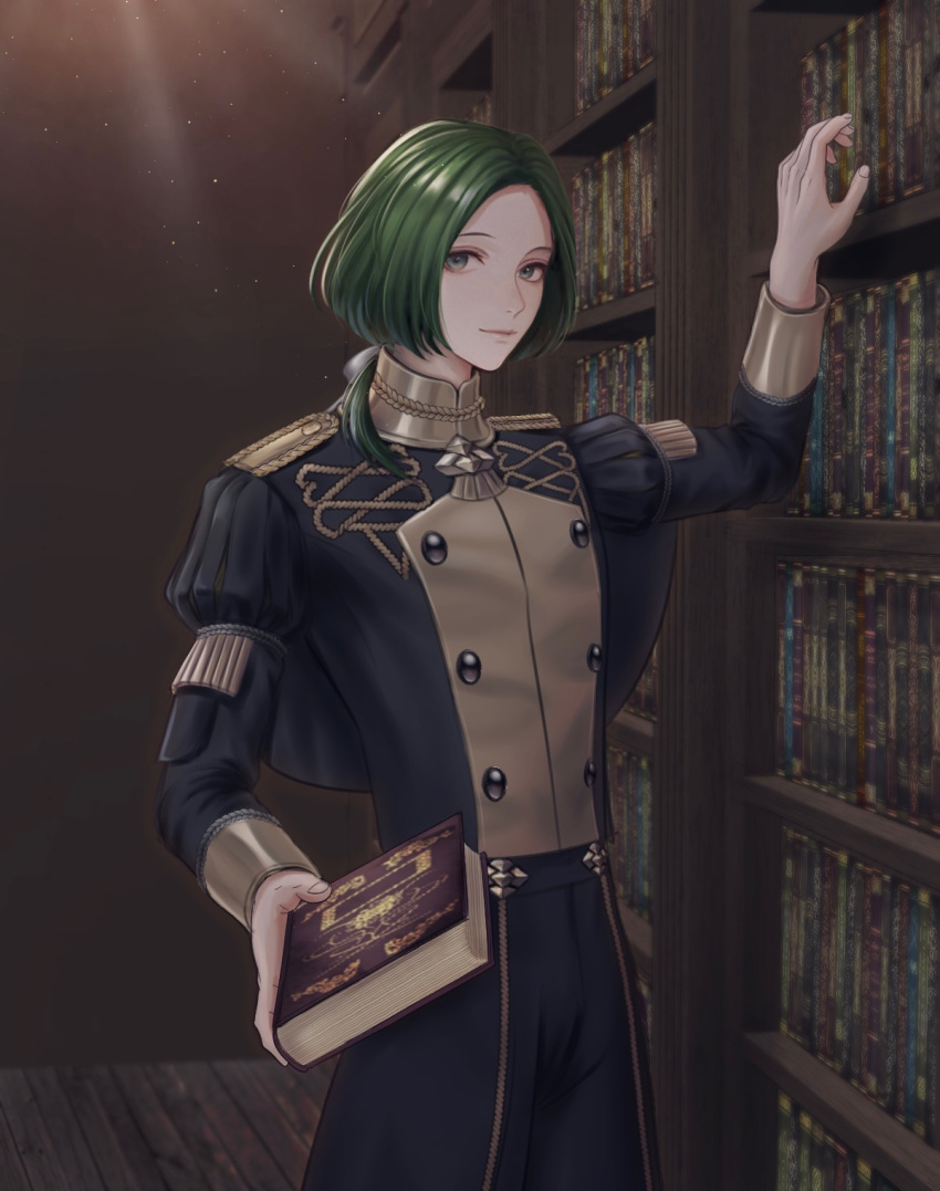 Safebooru - 1boy arm up black pants book bookshelf commentary request ...