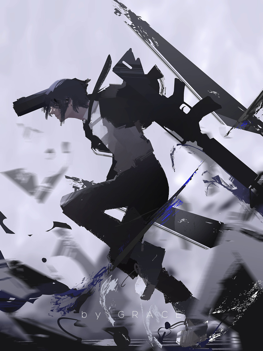 Safebooru - 1boy absurdres artist name assault rifle black hair black jacket black necktie black ...