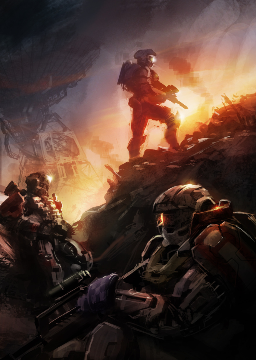 Safebooru - 3boys absurdres armor assault visor battle rifle black ...