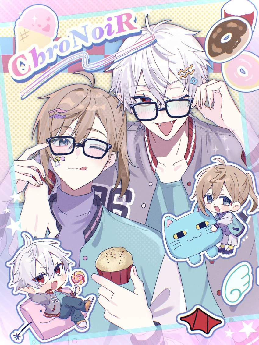 Safebooru - 2boys :q adjusting eyewear ahoge akrngo 0708 angel wings blue eyes blue shirt brown ...