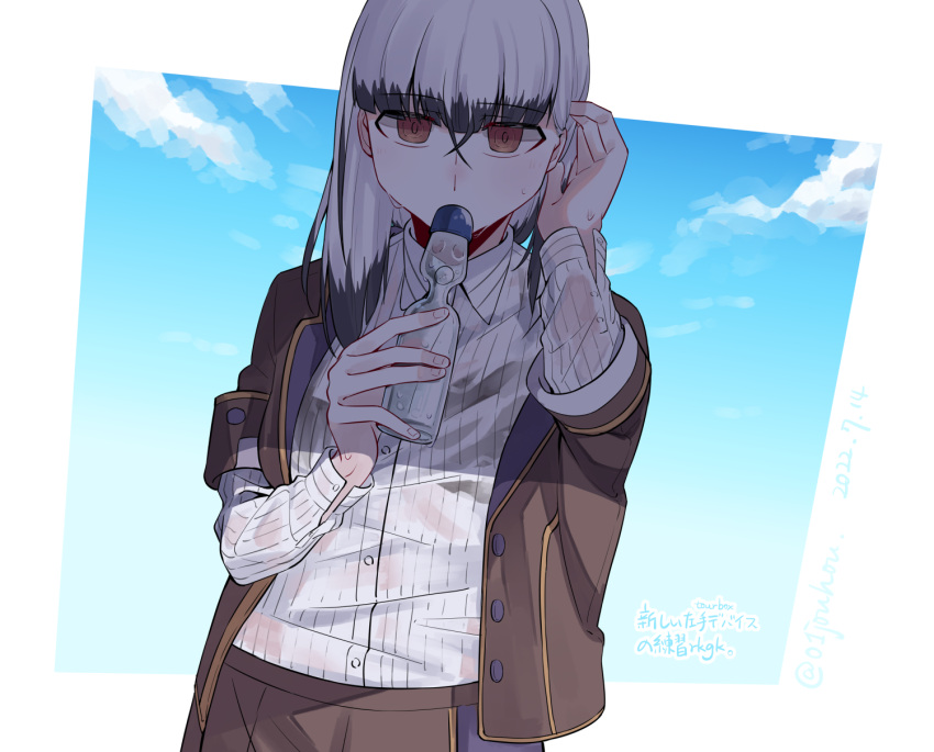 Safebooru - 1girl black hair blue sky blunt bangs brown eyes brown jacket brown skirt collared ...