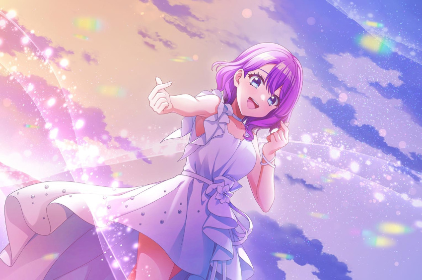 Safebooru - d4dj dress green eyes hidaka saori purple hair short hair smile | 5549153