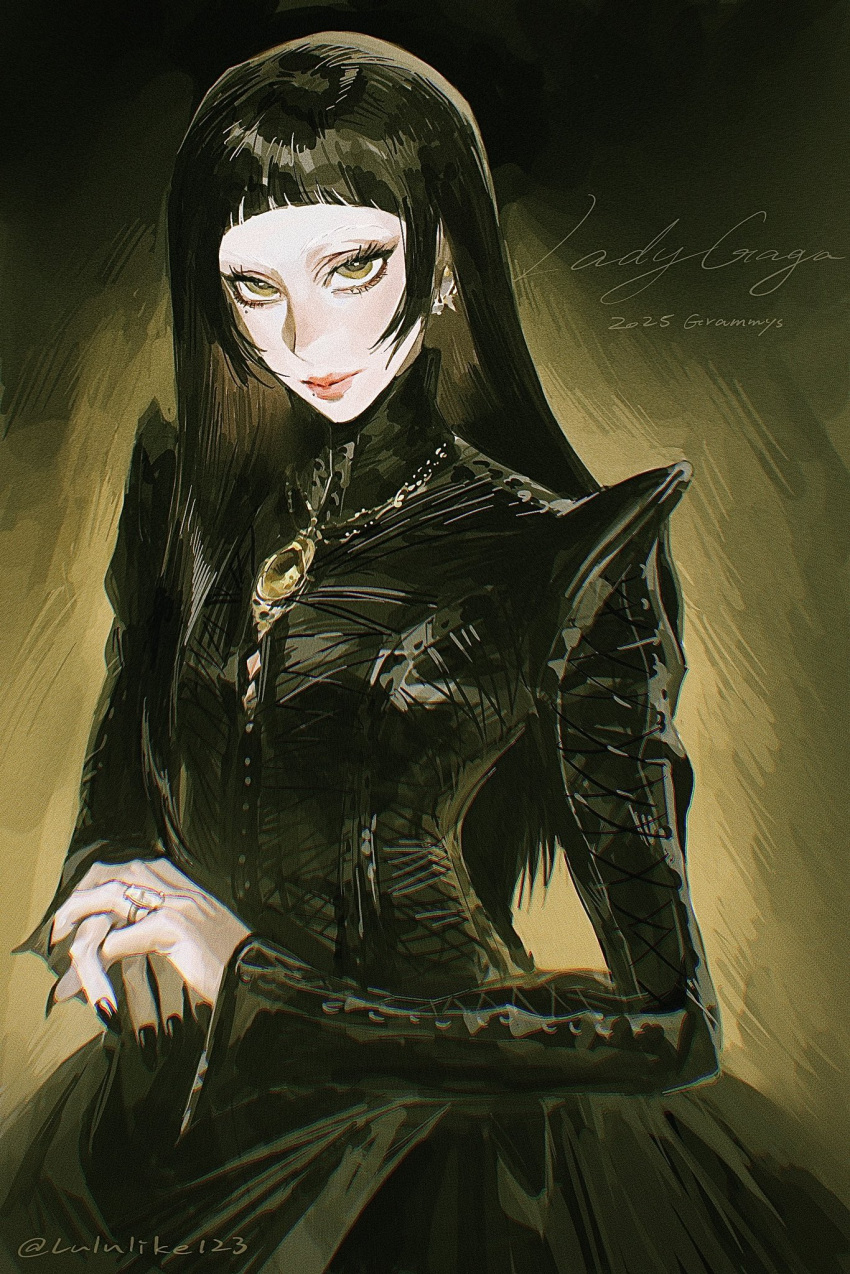 Safebooru - 1girl artist name (singer) black dress black hair black nails blunt bangs closed ...