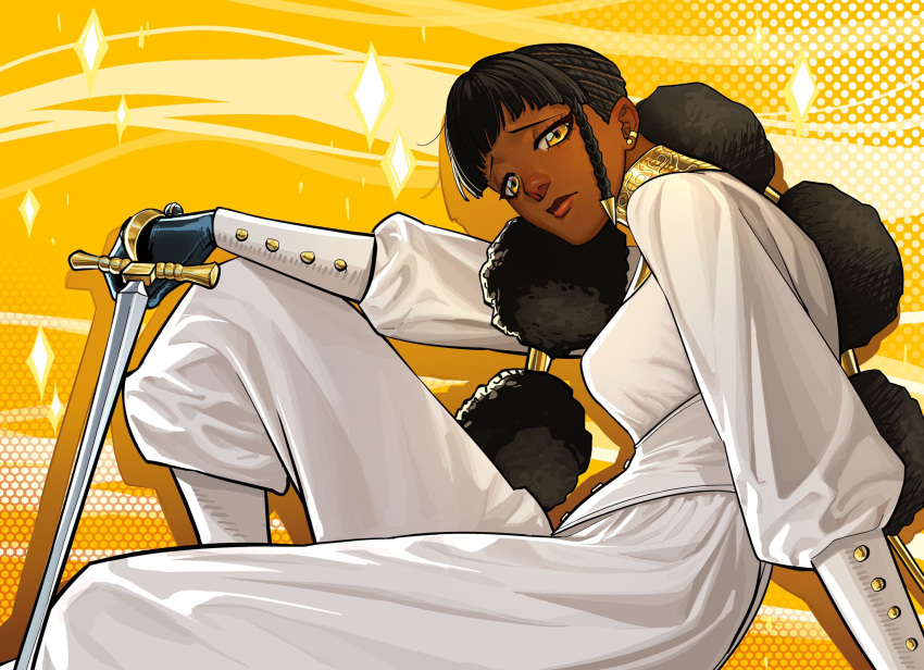 Safebooru - 1girl arm support black gloves black hair braid commentary dark-skinned female dark ...