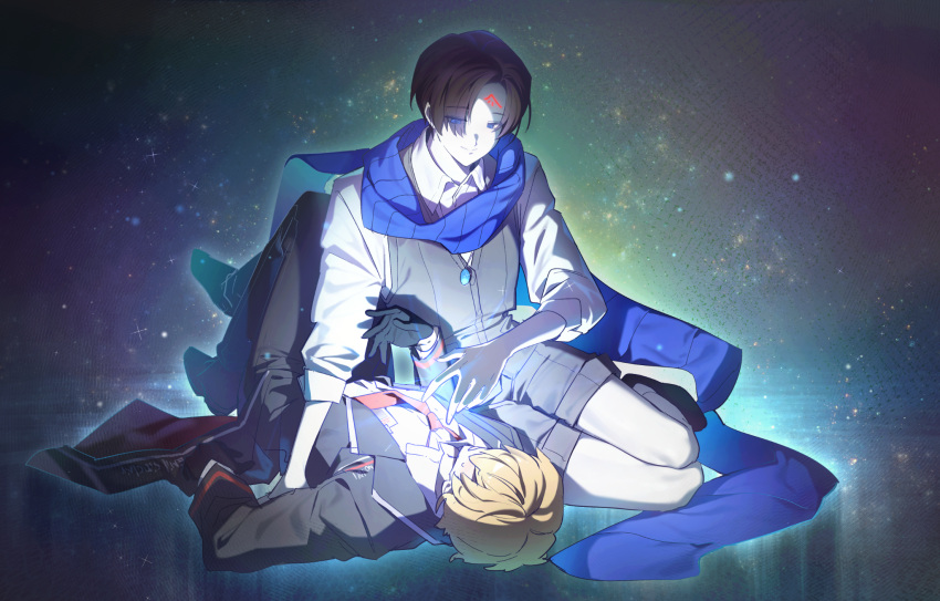 Safebooru - 2boys black coat black gloves black pants blonde hair blue eyes blue scarf brown ...