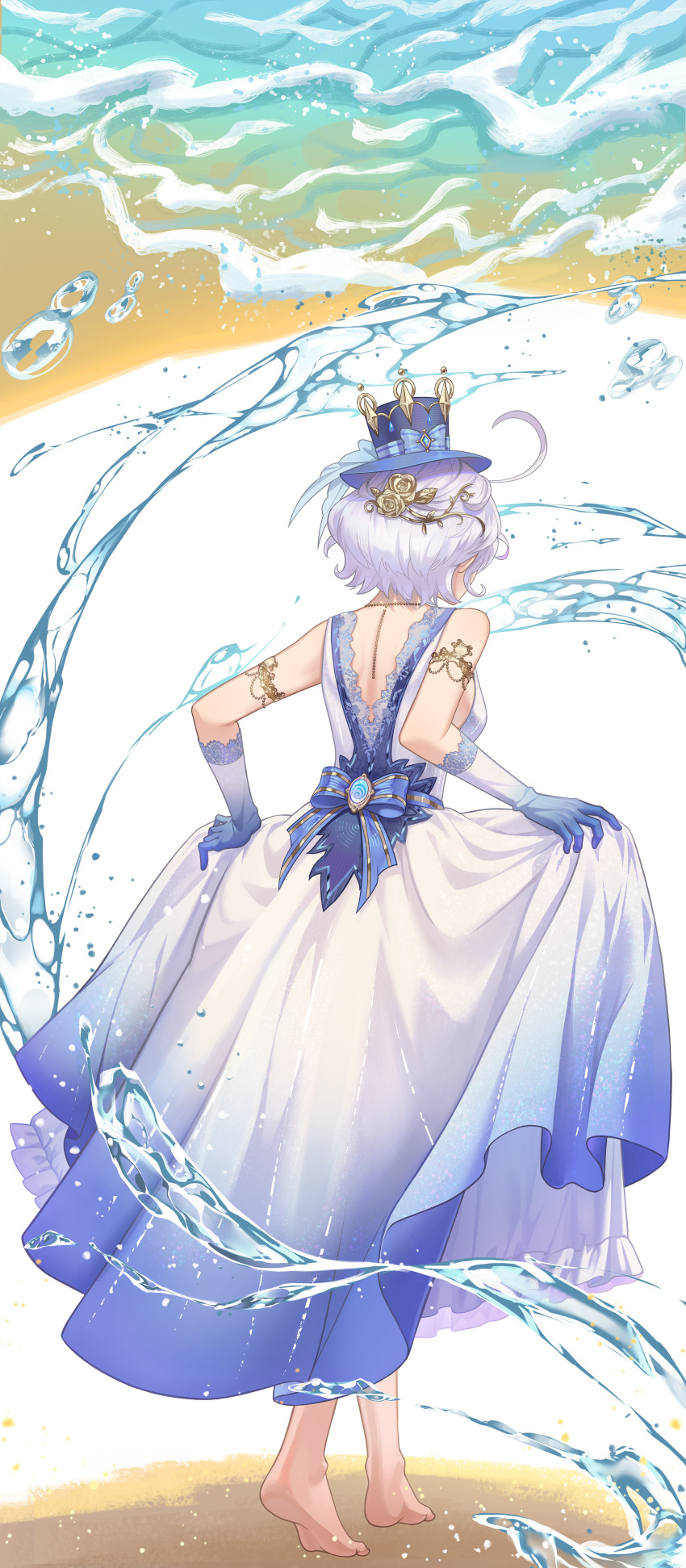 Safebooru - 1girl absurdres ahoge bare shoulders barefoot blue dress blue gemstone blue gloves ...