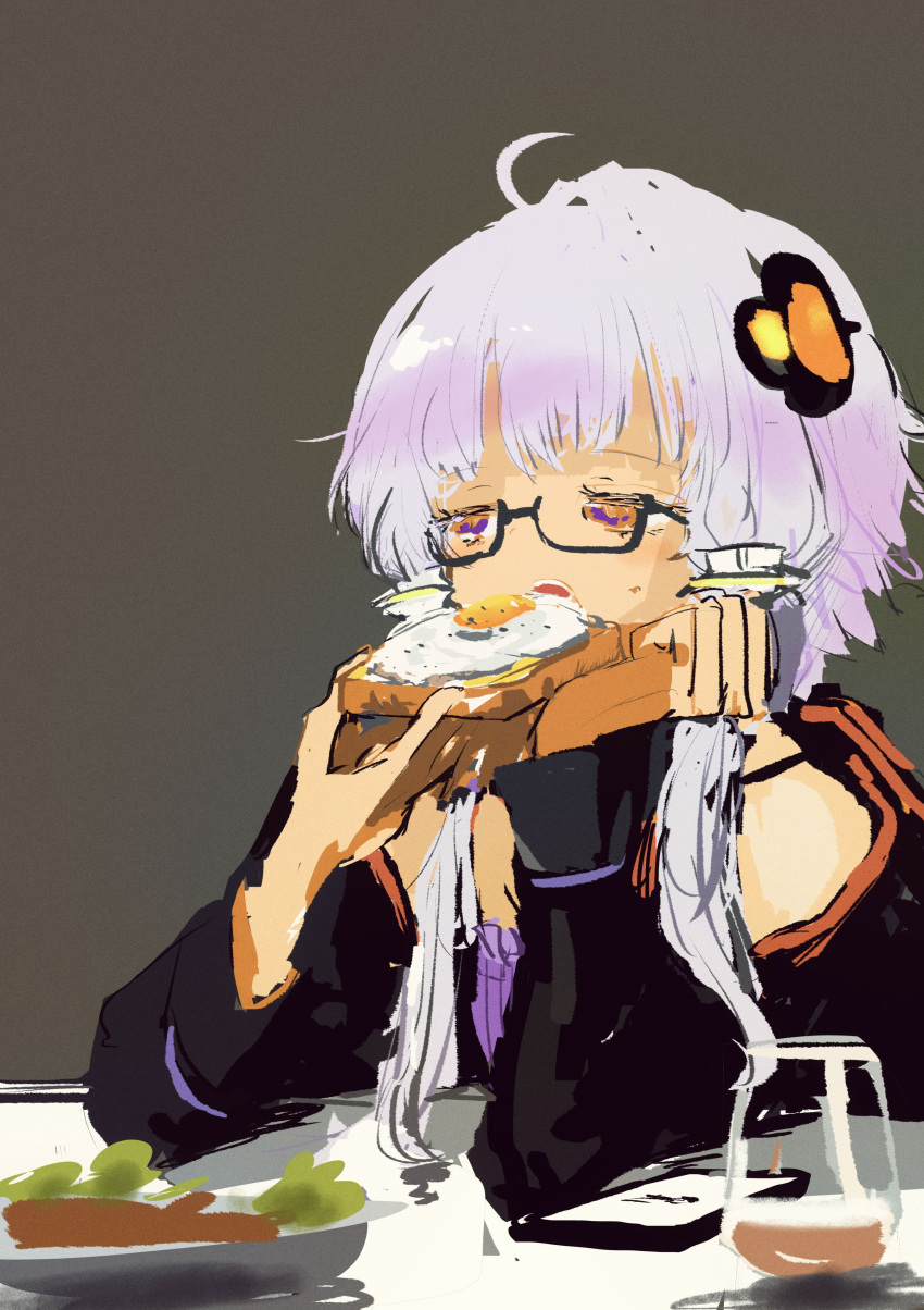 Safebooru - 1girl absurdres ahoge bespectacled black hoodie bread bread ...