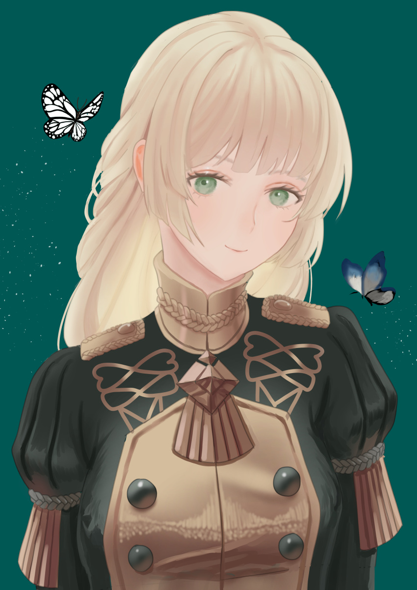 Safebooru - 1girl absurdres blonde hair blue butterfly braid bug butterfly buttons closed mouth ...