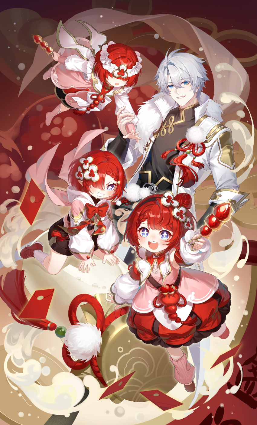 Safebooru - 1boy 3girls absurdres antenna hair black dress black shirt blue eyes blush bottle ...