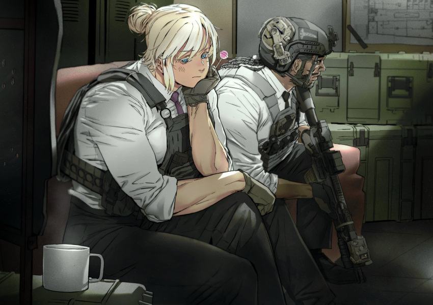 Safebooru - 1boy 1girl blonde hair blue eyes bored bulletproof vest candy collared shirt ...