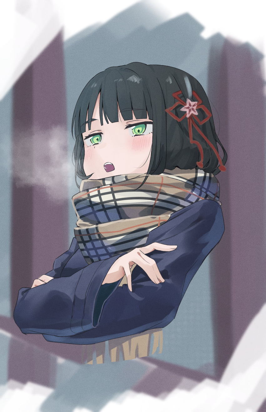 Safebooru - 1girl black hair blue coat blunt bangs blush bob cut breath brown scarf coat ...