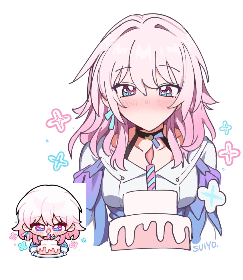 Safebooru - 1girl absurdres artist name birthday cake black choker blue eyes blue jacket bra ...