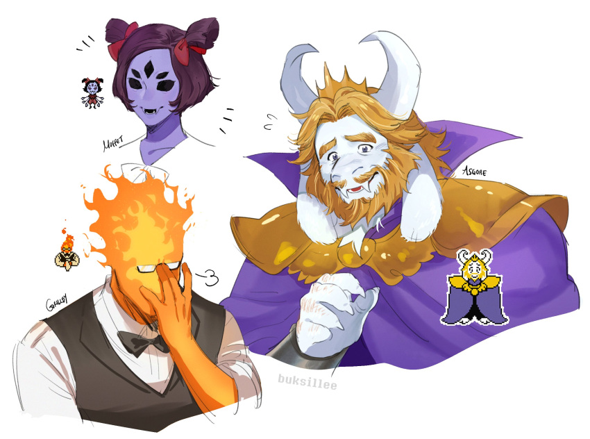 Safebooru - 1girl 2boys 8-bit armor asgore dreemurr beard black hair black vest blonde hair bow ...