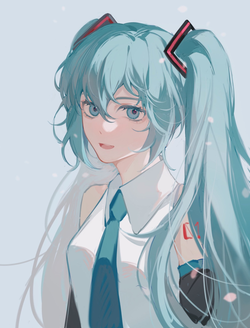 Safebooru - 1girl aqua eyes aqua hair aqua necktie arm tattoo collared shirt falling petals hair ...