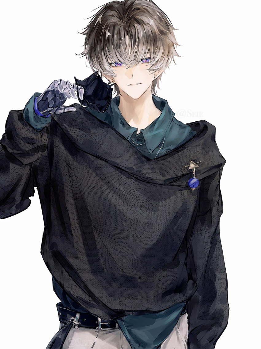 Safebooru - 1boy alternate costume belt black belt black shirt black sweater blue eyes brown ...