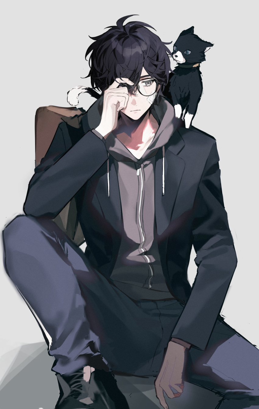 Safebooru - 1boy amamiya ren ameinu animal animal on shoulder arm up backpack bag black-framed ...