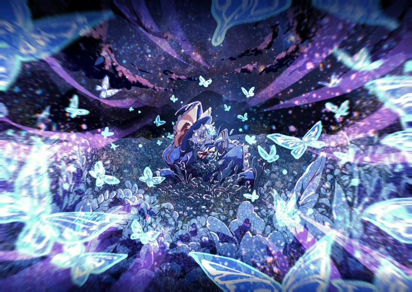 Safebooru - 1girl artist request black capelet black hat blonde hair blue butterfly blue eyes ...