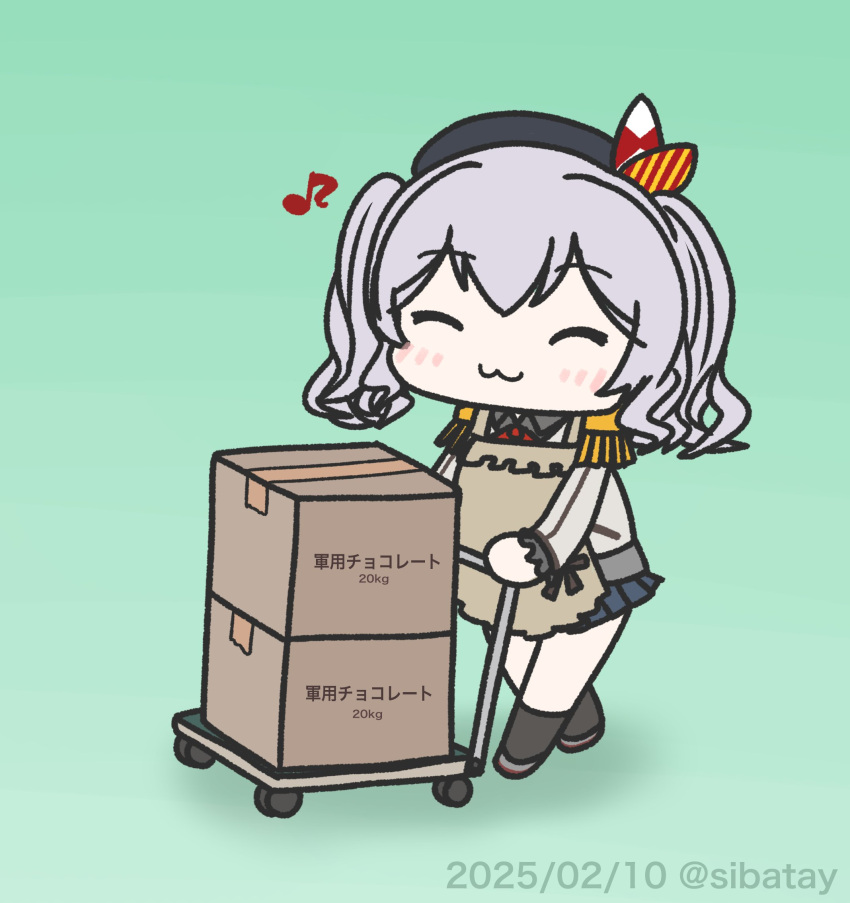 Safebooru - 1girl :3 apron beret black hat box cardboard box cart chibi ...