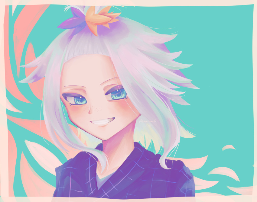 Safebooru - 1girl absurdres alternate costume blue background blue eyes blush border eyelashes ...