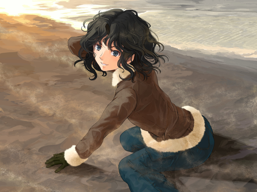 Safebooru - 1girl amagami beach black eyes black gloves black hair blue pants brown jacket ...