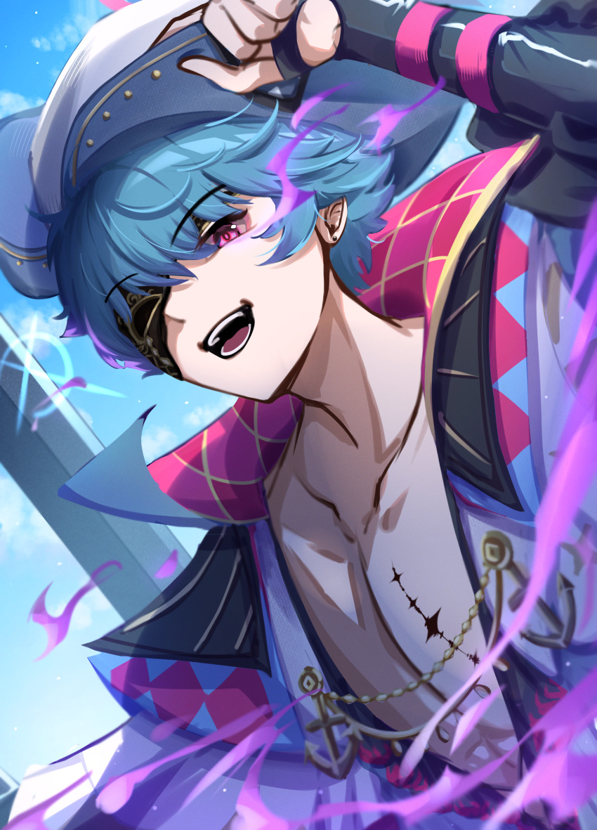 Safebooru - 1boy absurdres blue hair blue sky brant (wuthering waves) collarbone commentary day ...