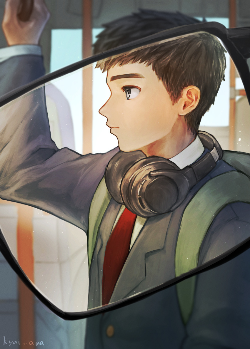 Safebooru - 1boy absurdres backpack bag black hair blazer character request eyewear view glasses ...