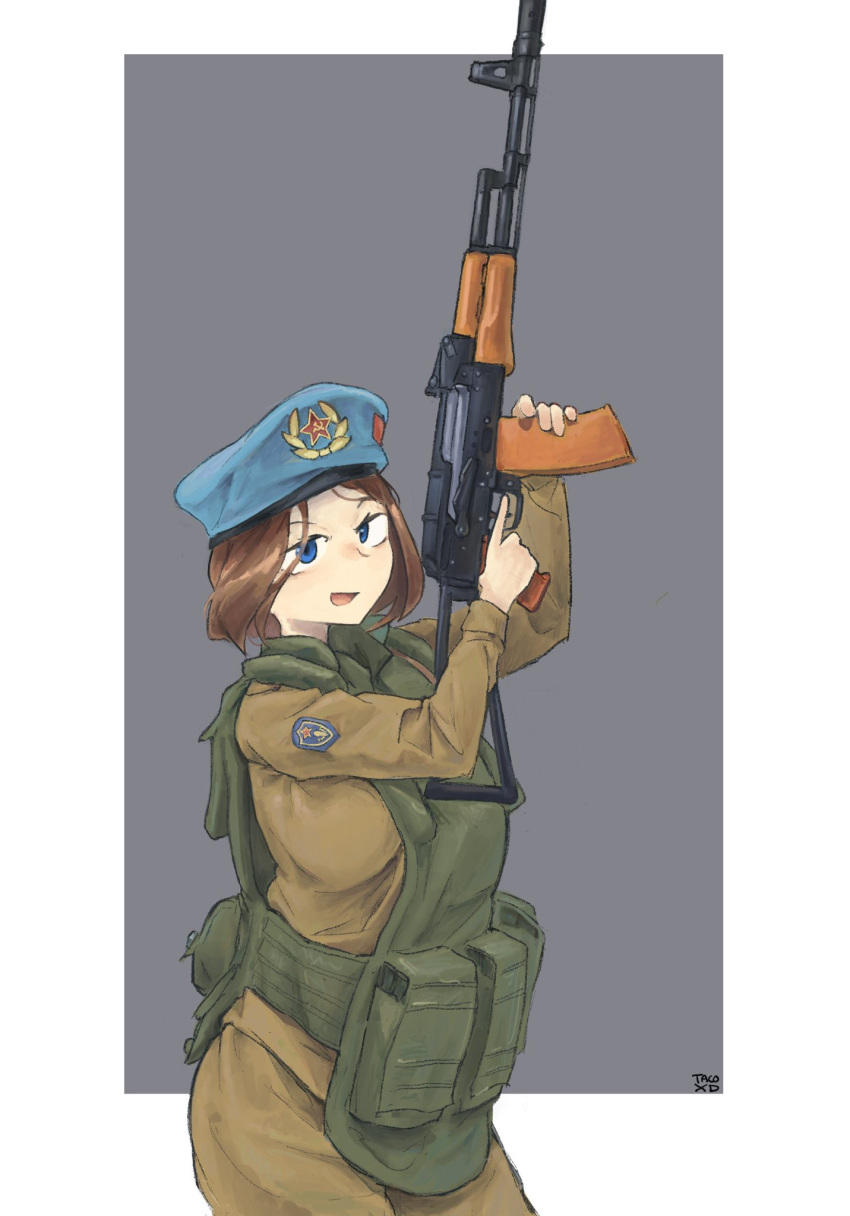 Safebooru - 1girl ak-74 aks-74 assault rifle beret blue eyes blue hat body armor brown hair ...
