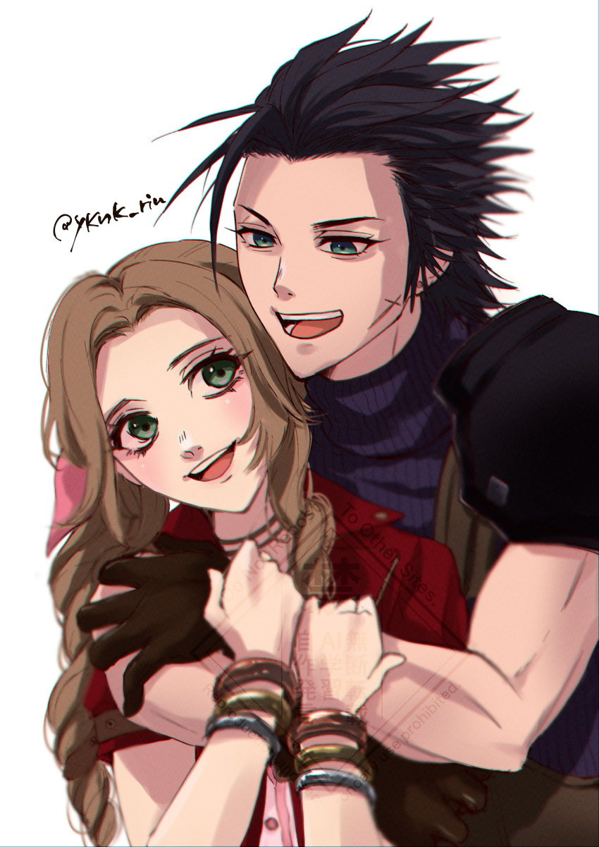 Safebooru - 1boy 1girl absurdres aerith gainsborough armor arms around neck bangle black gloves ...