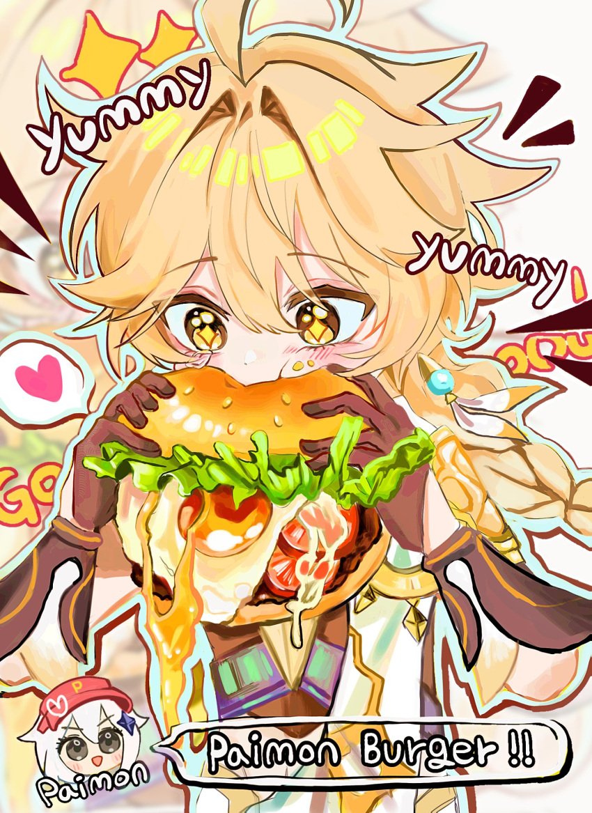 Safebooru - 1boy 1girl aether (genshin impact) blonde hair blush burger ckiows commentary eating ...