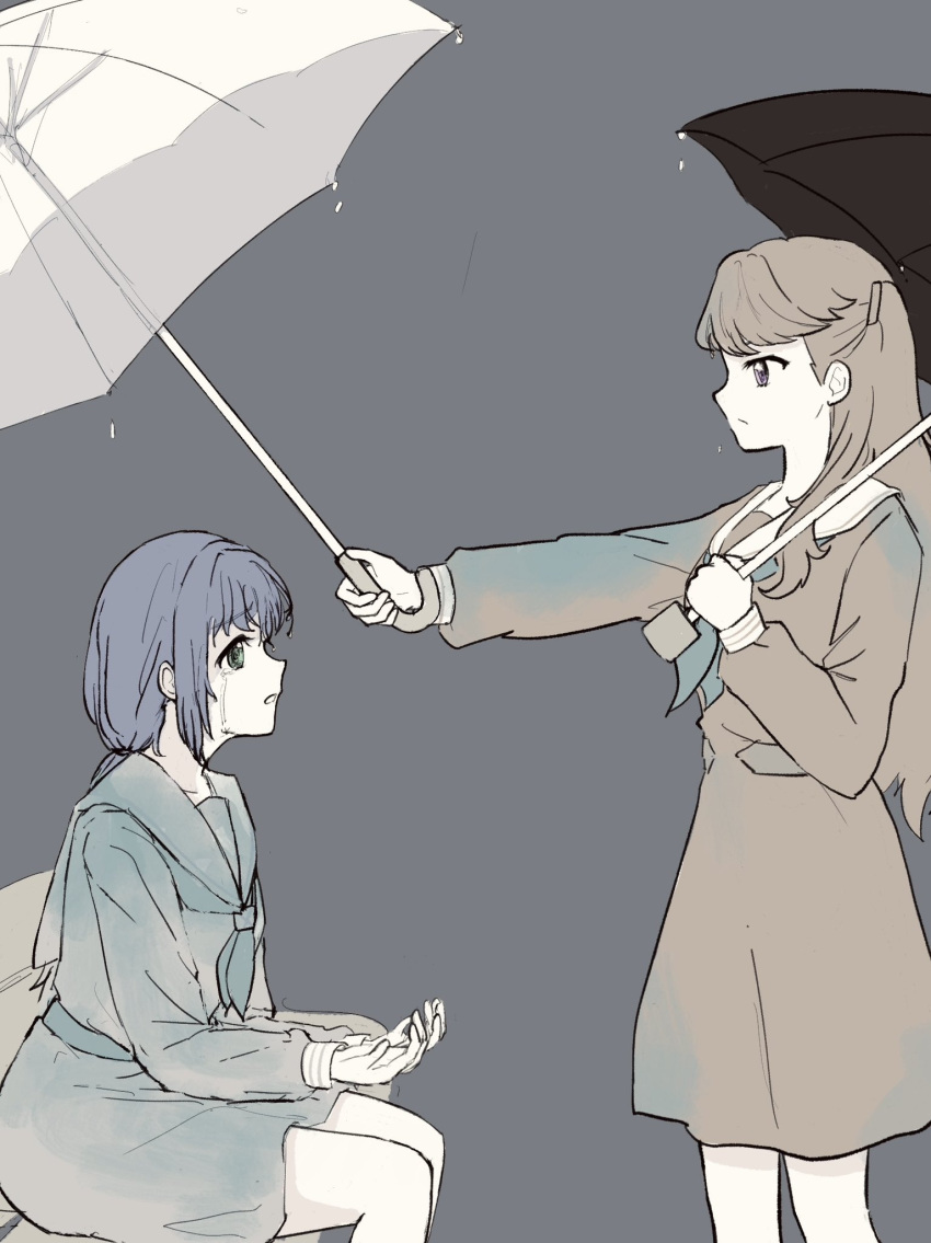 Safebooru - 2girls black umbrella blue hair brown hair commentary ...