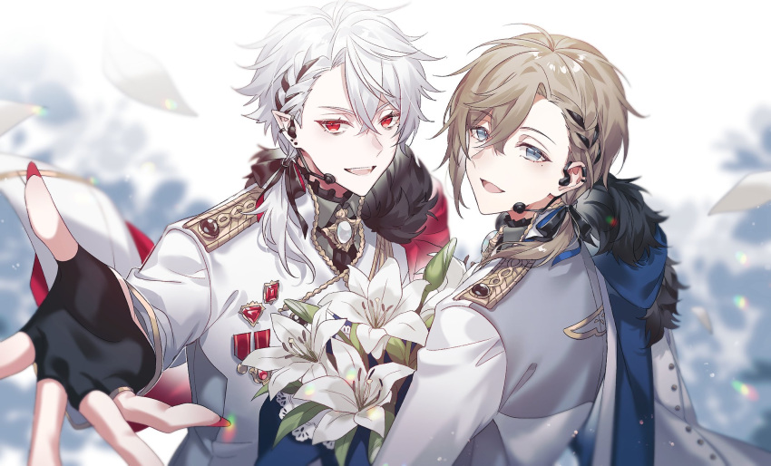 Safebooru - 2boys :d aiguillette antenna hair arm up asymmetrical bangs black gloves black ...