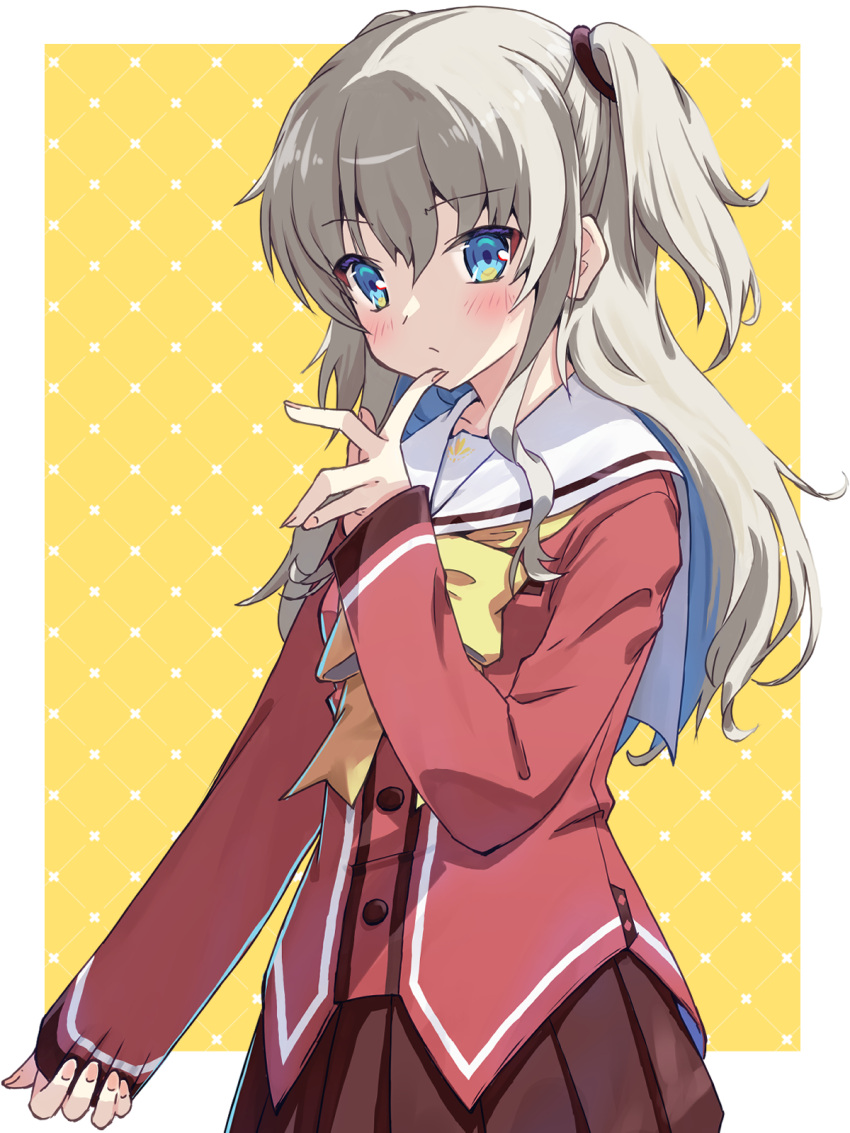 Safebooru - 1girl :/ akayama yukihe blue eyes blush border bow bowtie brown skirt charlotte ...