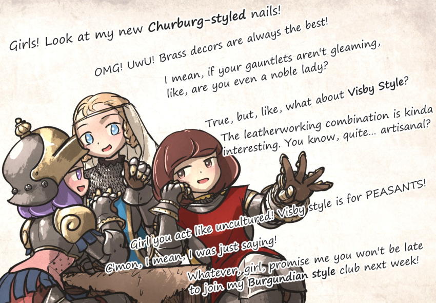 Safebooru - 3girls armor blonde hair blue eyes blue tabard brass trim breastplate brown eyes ...