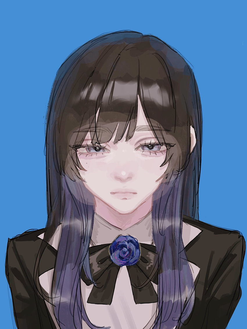 Safebooru - 1girl ado (utaite) aegyo sal black bow black bowtie black hair blue background blue ...