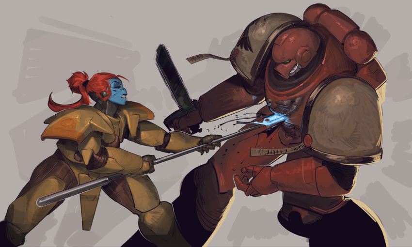 Safebooru - 1girl 1other adeptus astartes alien armor blood blue skin ...