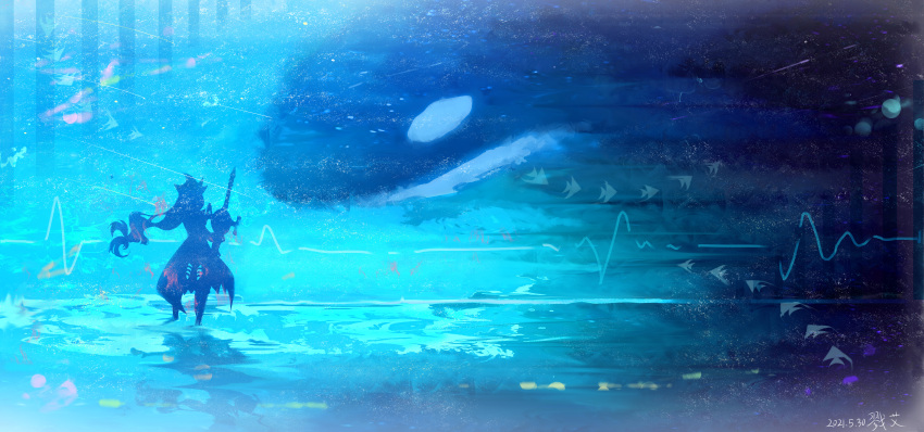 Safebooru - 1girl absurdres angelfish arknights black chaps black pants blue background blurry ...