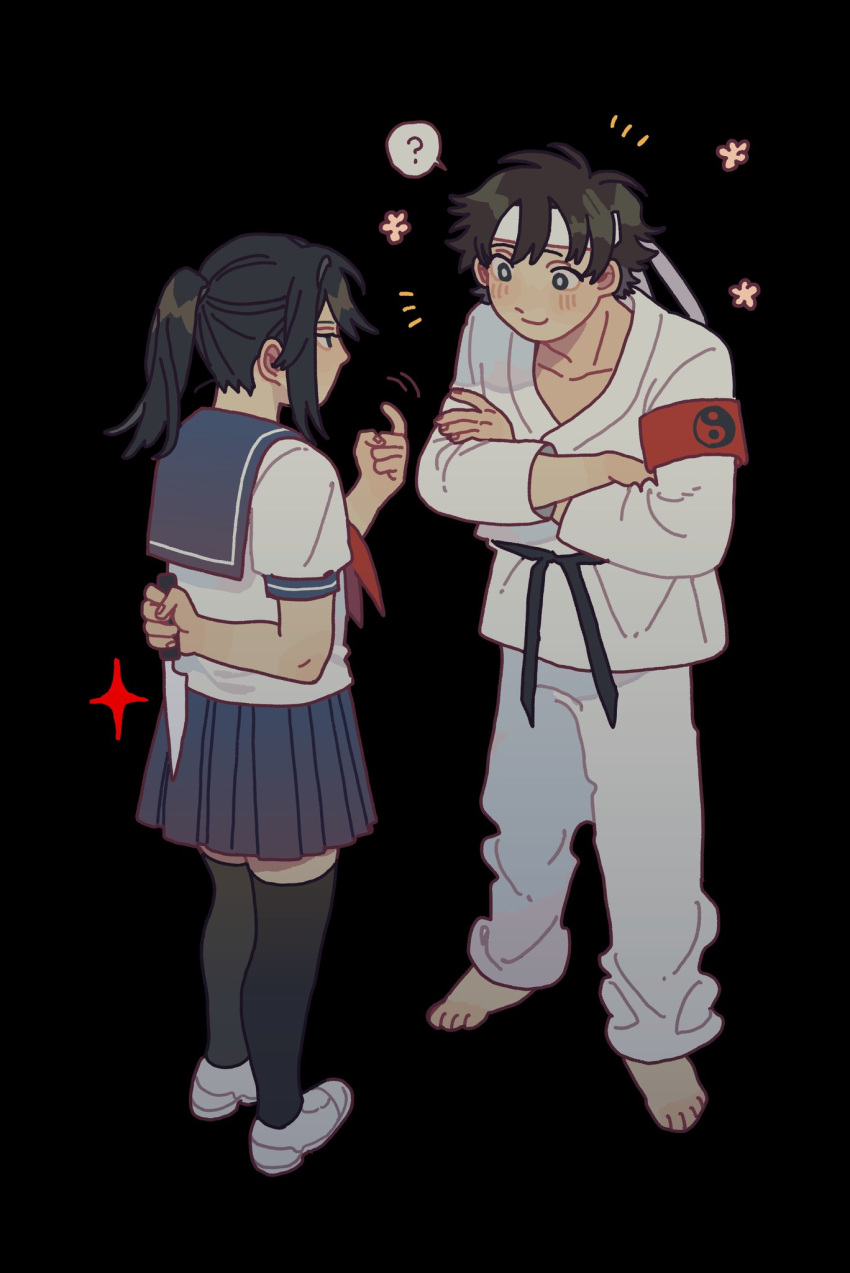 Safebooru - 1boy 1girl ? arm behind back armband ayano aishi barefoot beckoning black background ...
