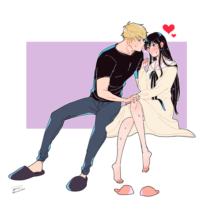 Safebooru - 1boy 1girl absurdres awarinko barefoot black hair black shirt black slippers blonde ...