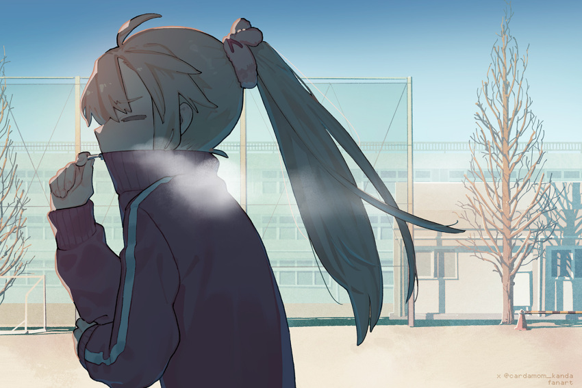 Safebooru - 1girl backlighting bare tree blonde hair breath building ...