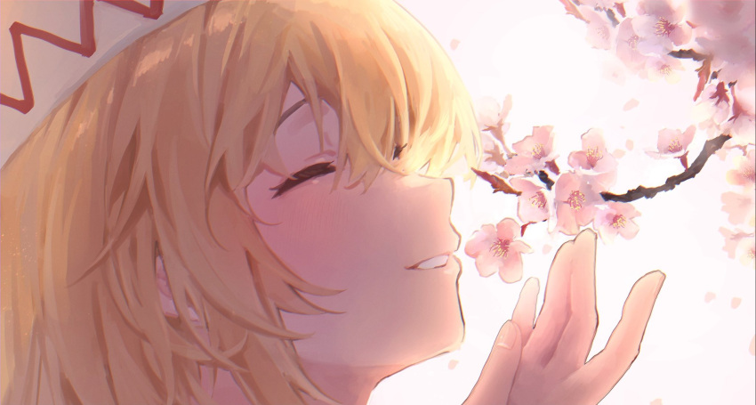 Safebooru - 1girl blonde hair bo cota branch cherry blossoms closed eyes commentary request ...