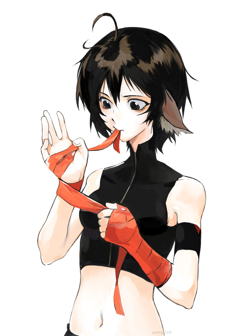 Safebooru - 1girl ahoge animal ears bandaged hand bandages black hair crop top highres midriff ...