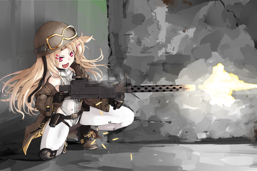 Safebooru - 1girl bare shoulders blonde hair brown jacket browning ...