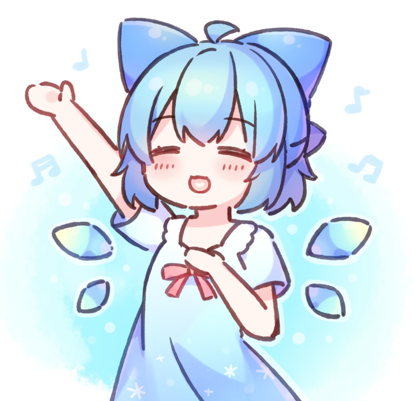 Safebooru - 1girl :d ahoge arm up blue bow blue dress blue eyes bow cirno closed eyes coa (chroo ...
