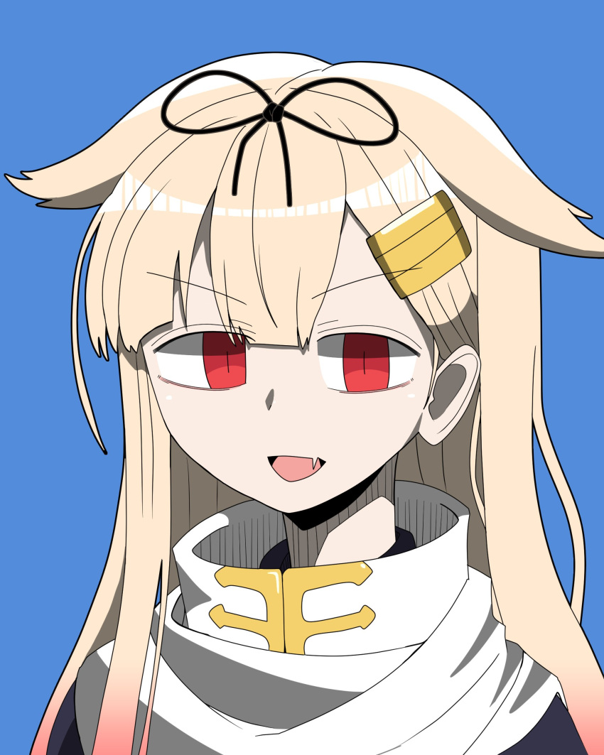 Safebooru - 1girl absurdres black ribbon blonde hair blue background cape commentary fang hair ...