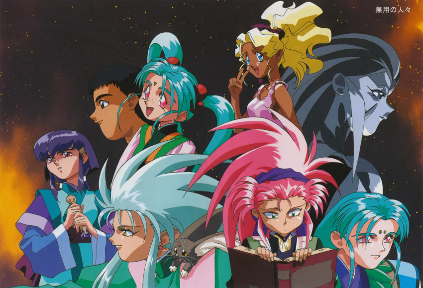 Safebooru - 1990s (style) 1boy 6+girls aqua hair black eyes black hair ...